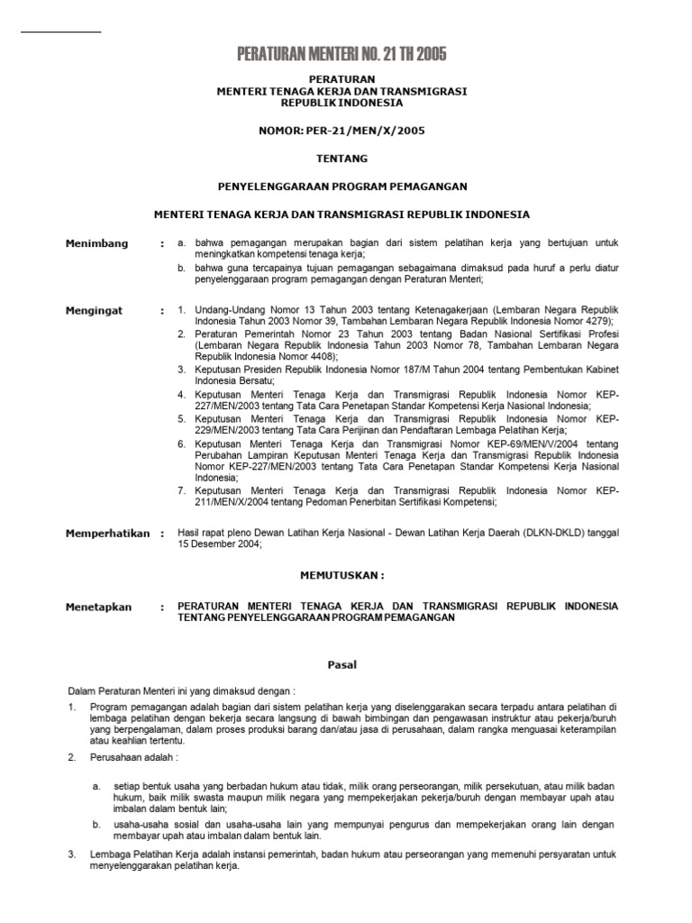 Aturan Pemagangan Indonesia 2005 | PDF