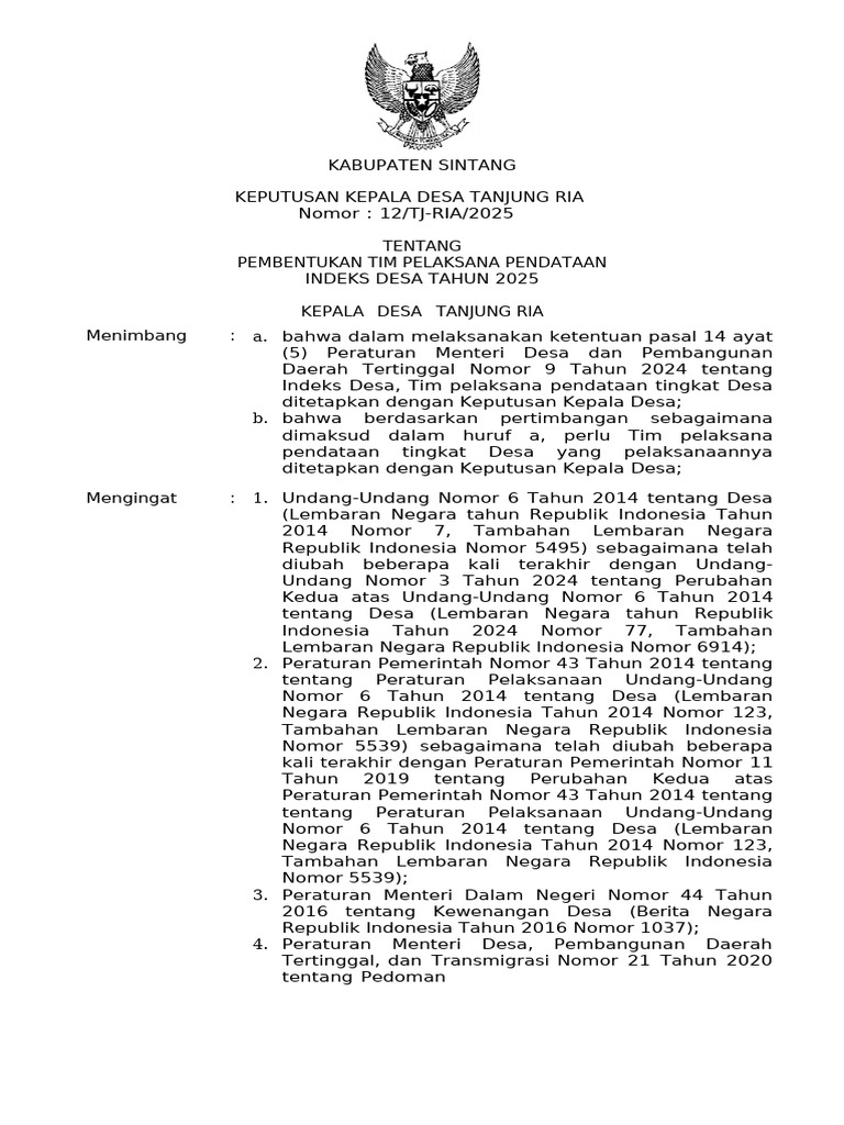 Draf SK Tim Pendata Indeks Desa Tingkat Desa (1) | PDF