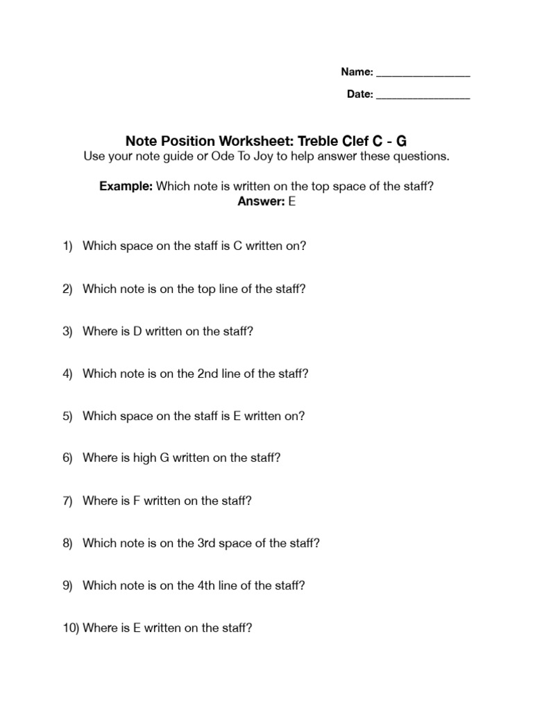 Note Position Worksheet Treble C To G | PDF