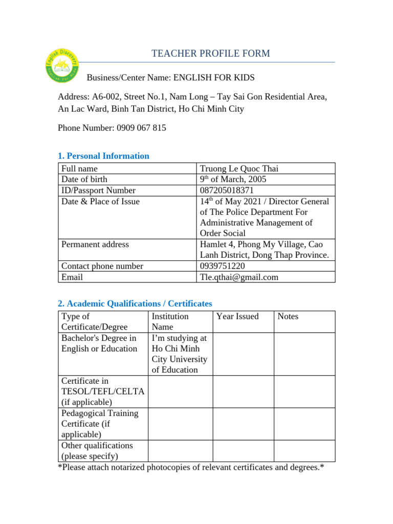 Teacher Profile Form With Qualifications | PDF