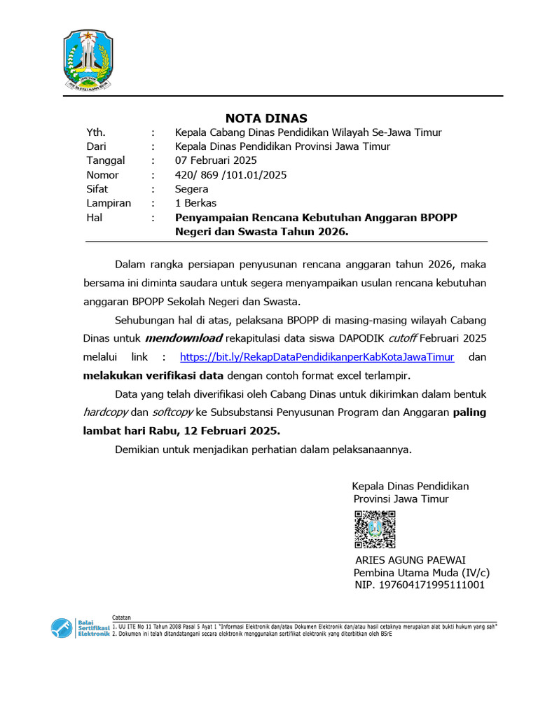 Nota Dinas Penyampaian Rencana Usulan Kebutuhan Anggaran BPOPP Negeri ...
