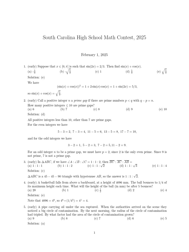 2025 South Carolina Math Contest Problems | PDF | Numbers | Elementary ...