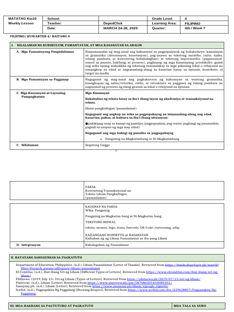 Filipino 4 DLL q4 Week 7 | PDF