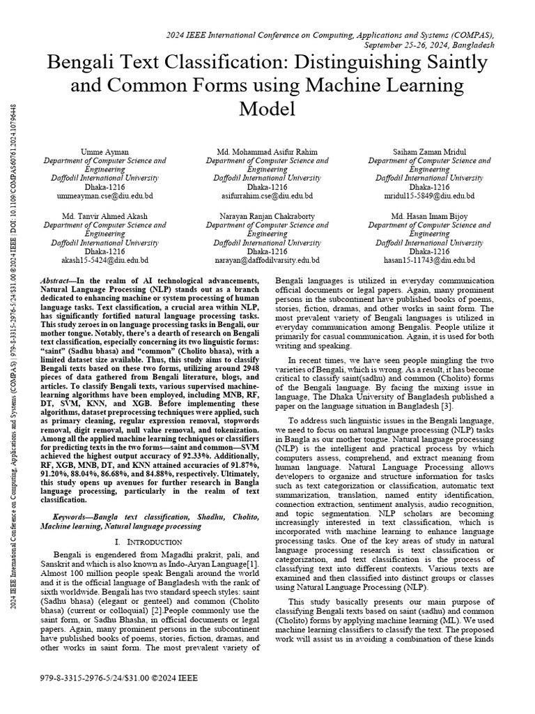Bengali Text Classification Distinguishing Saintly And Common Forms Using Machine Learning Model