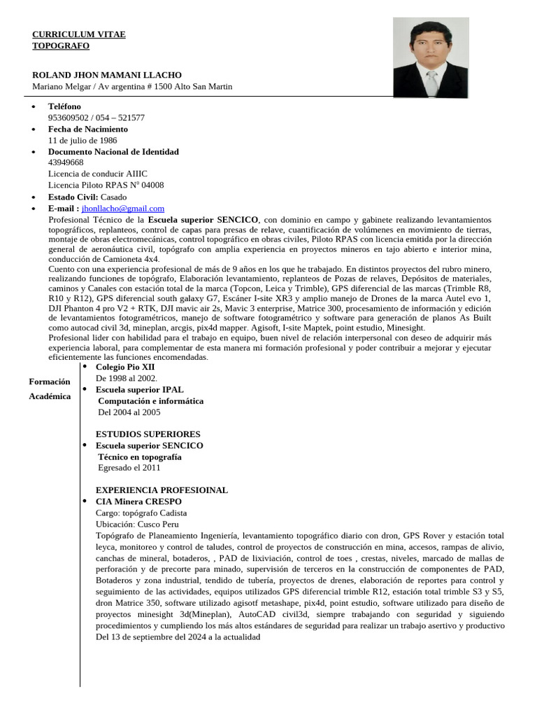 Topógrafo con 9 años de experiencia en minería | PDF | Topografía | Datos geográficos e información