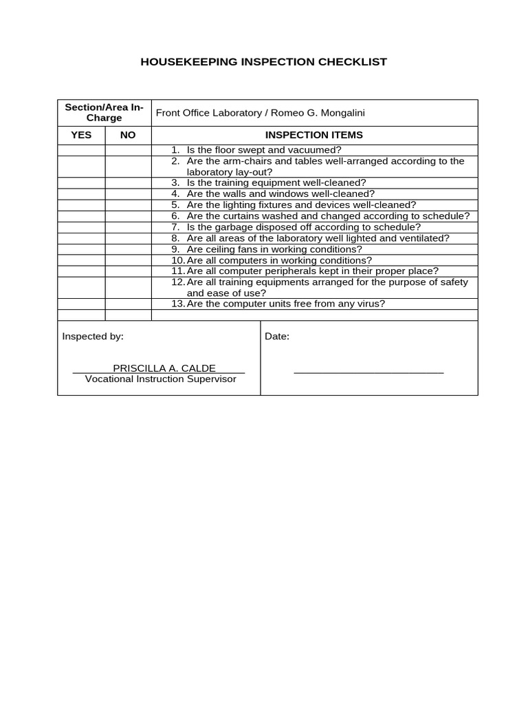 Oap Housekeeping Inspection Checklist | PDF