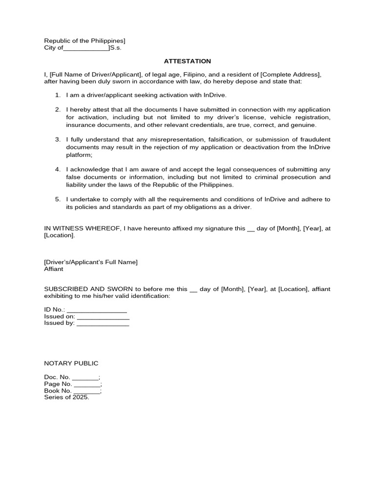 Attestation Form Indrive | PDF
