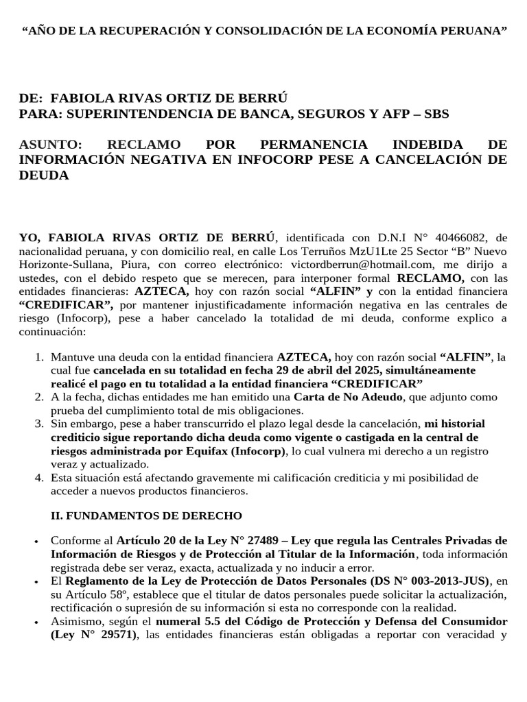 Reclamo Ante Equifax Infocorp Perú Fabiola Rivas Mayo 2025 | PDF ...