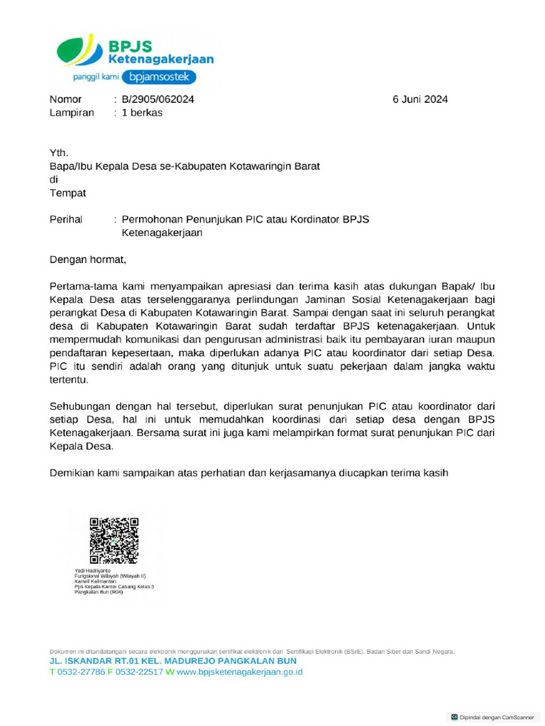Surat Penunjukan Pic Desa Untuk BPJS TK | PDF