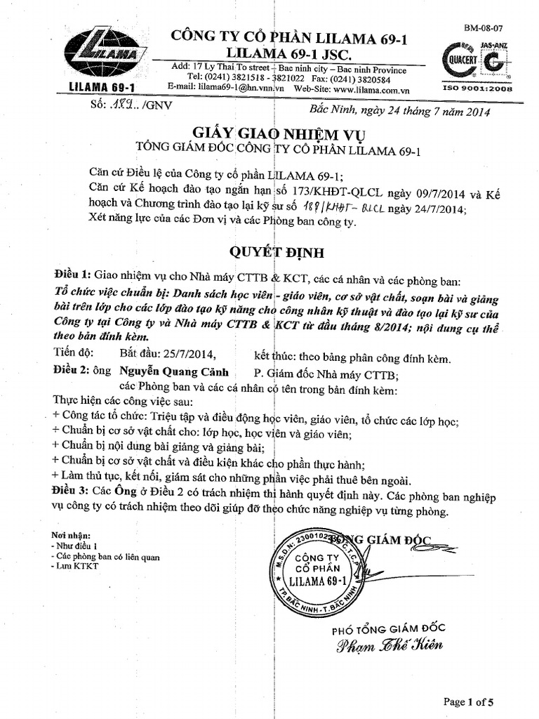 GNV va phan cong ve dao tao CBQL, CNKT | PDF