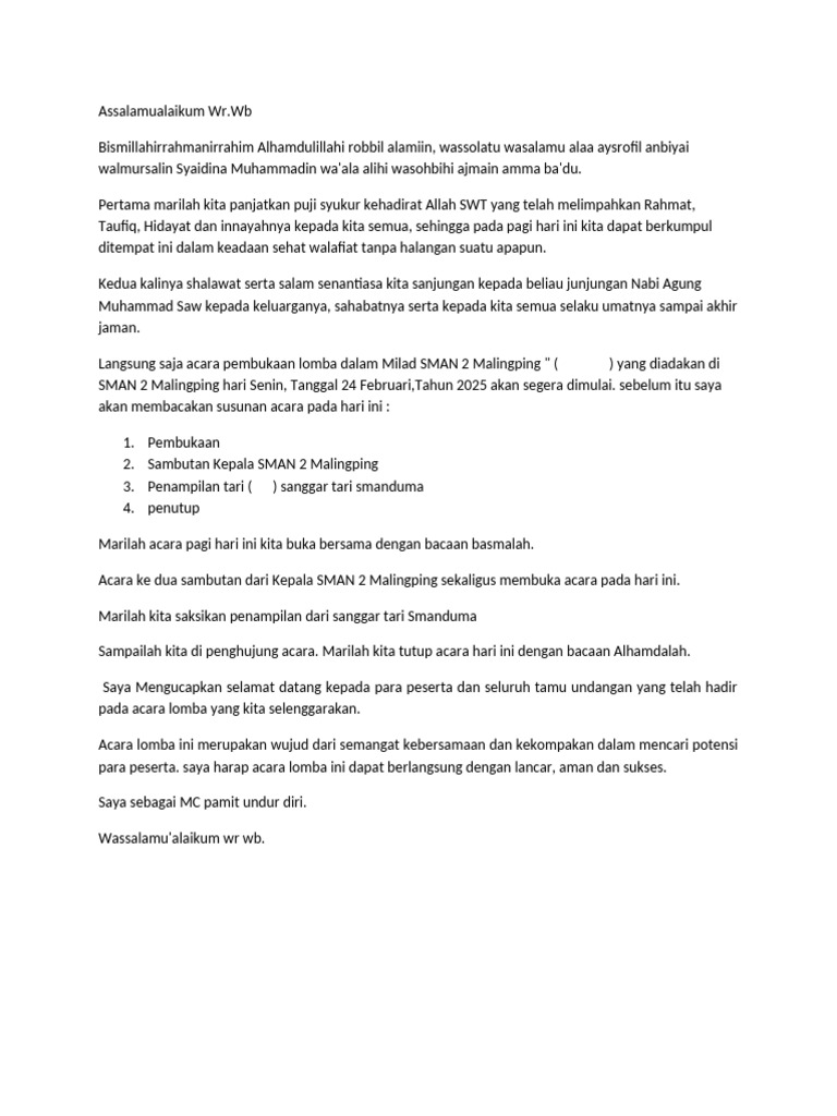 MC Pembukaan Lomba Milad | PDF