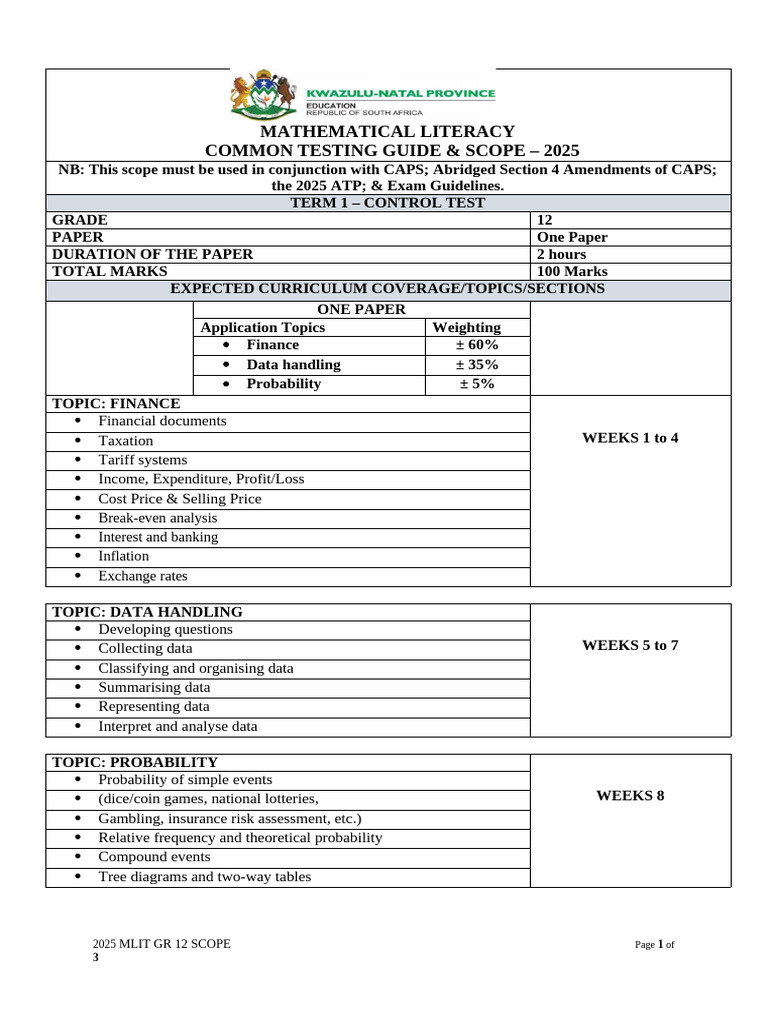 2025 Grade 12 Mathematical Literacy Scope | PDF | Probability | Measurement