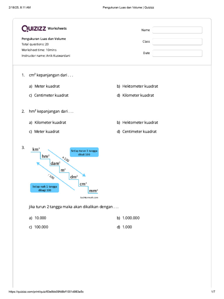 Pengukuran Luas Dan Volume - Quizizz | PDF