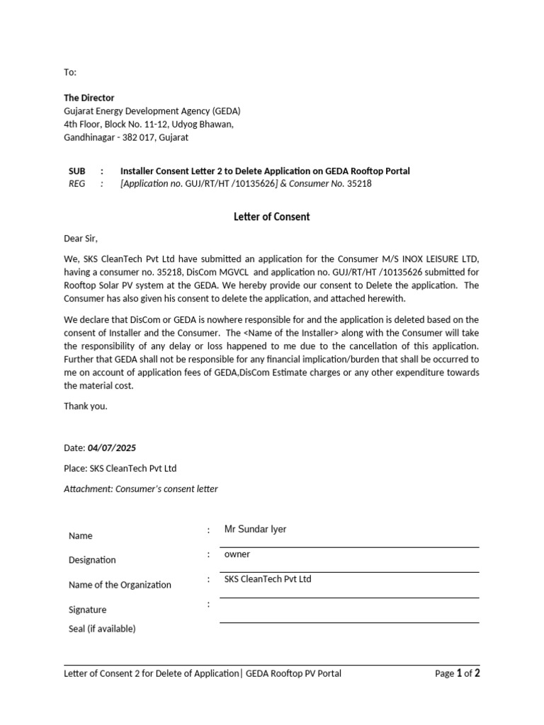 Format For Consent From Installer | PDF