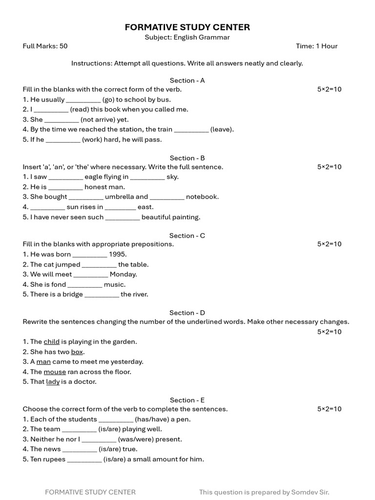 1st Exam English Question With Answers FORMATIVE STUDY CENTER | PDF | English Grammar ...
