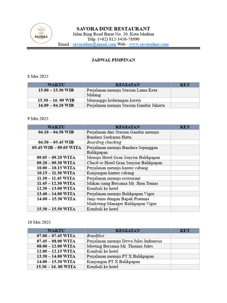 Jadwal Kunjungan Pimpinan Savora Dine | PDF
