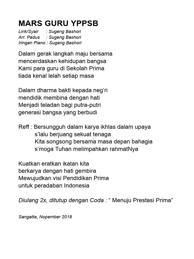 Lirik Mars Guru YPPSB untuk Pendidikan | PDF
