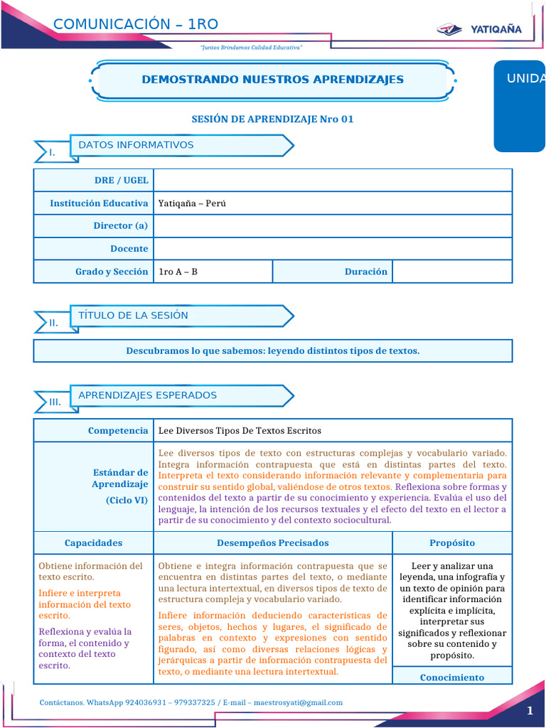 2025 COM 1ro - UdA 00 - 1 Sesion Lectura | PDF | Evaluación ...