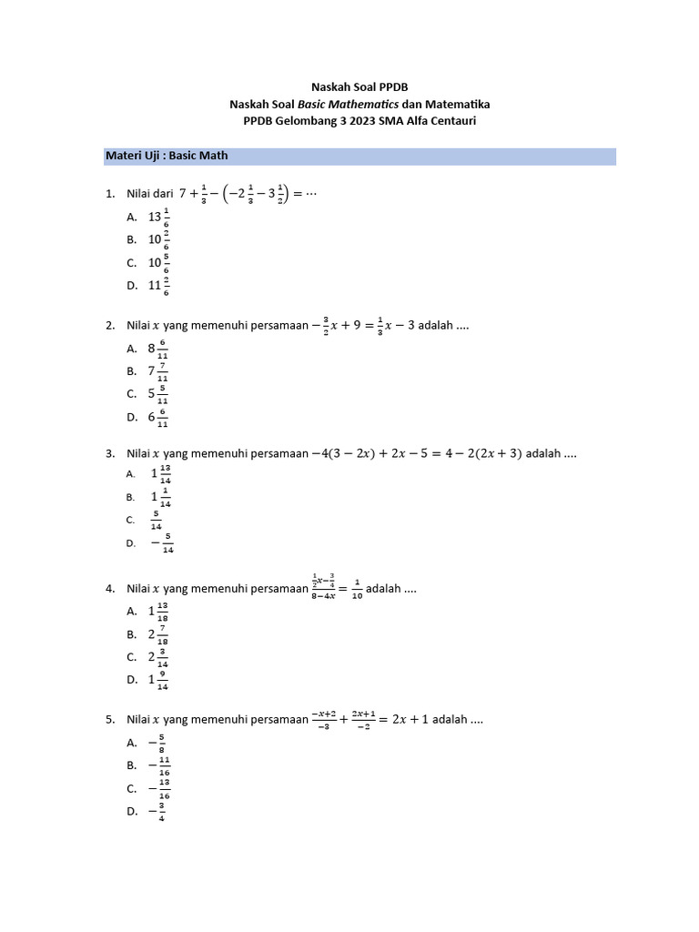 (B. Math, MAT, Numerasi) Soal PPDB Gelombang 3 2023-2024 | PDF