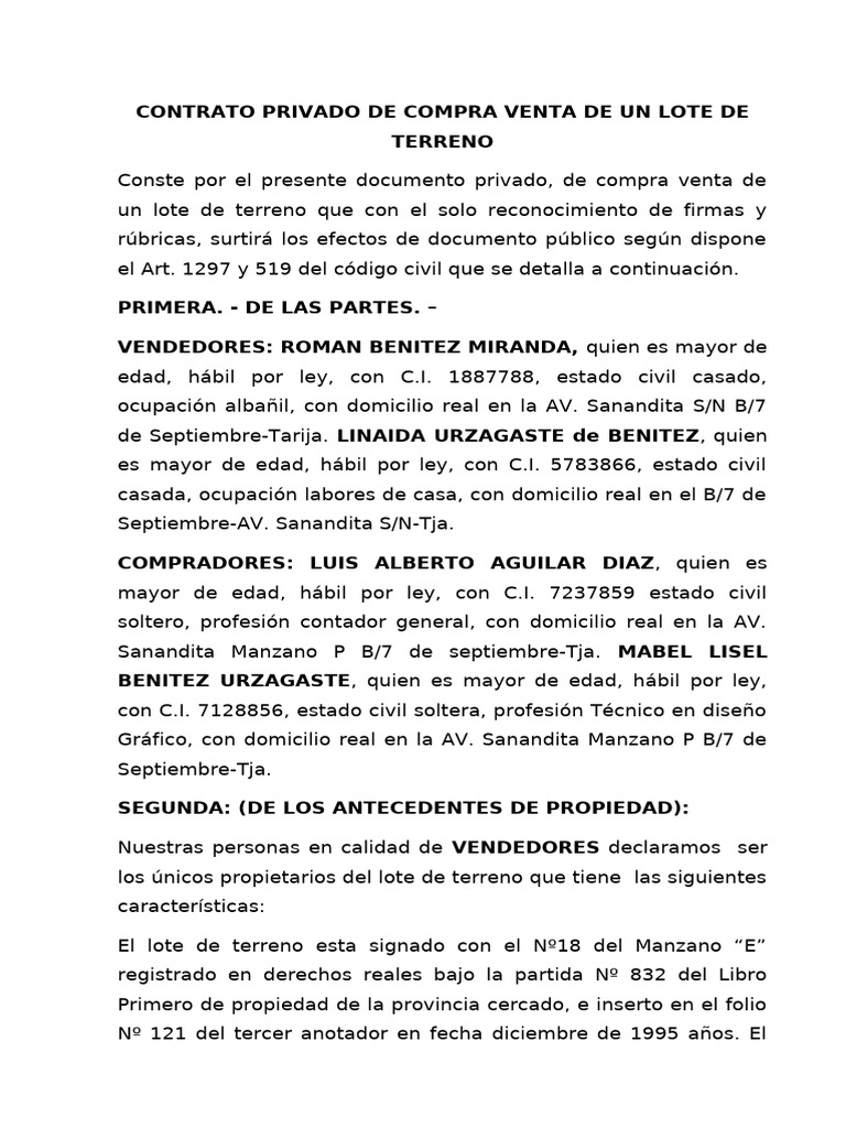 Contrato de Un Lote de Terreno | PDF | Ley común | Derecho civil ...