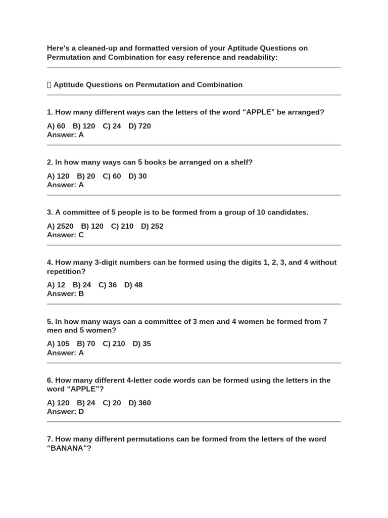 Permutations and Combinations Question Bank | PDF | Permutation