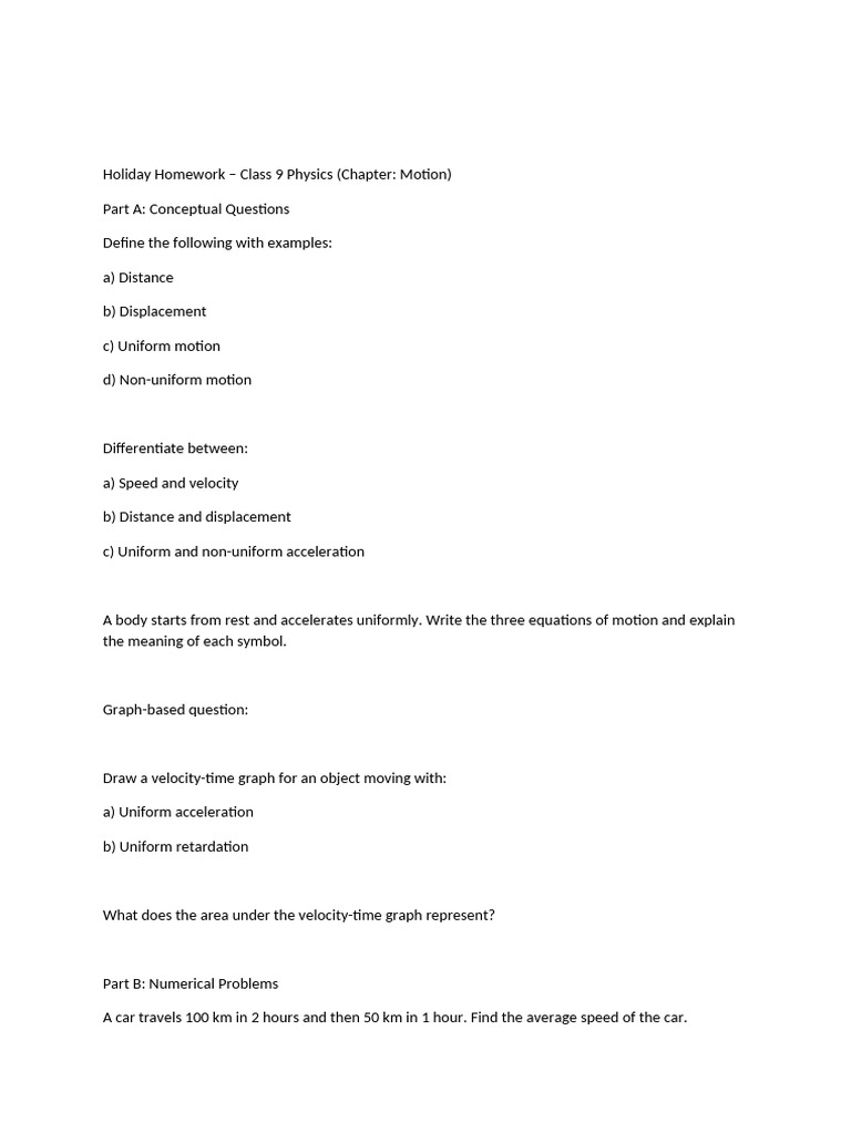 Physics Holiday Home Work Class 9 | PDF
