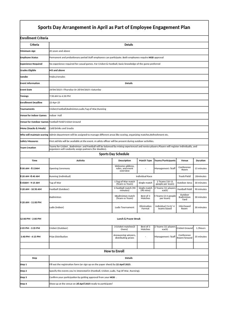 Sports Day Plan + Registration Form | PDF | Sports