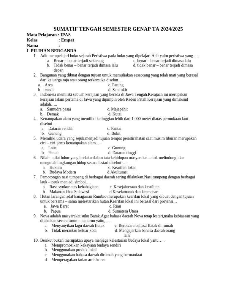 PTS Genap Kelas 4 (Ipas, SBDP, MM) | PDF