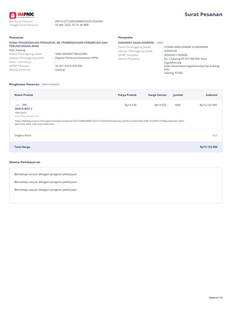 Surat Pesanan Snack Box Dinas Subang | PDF