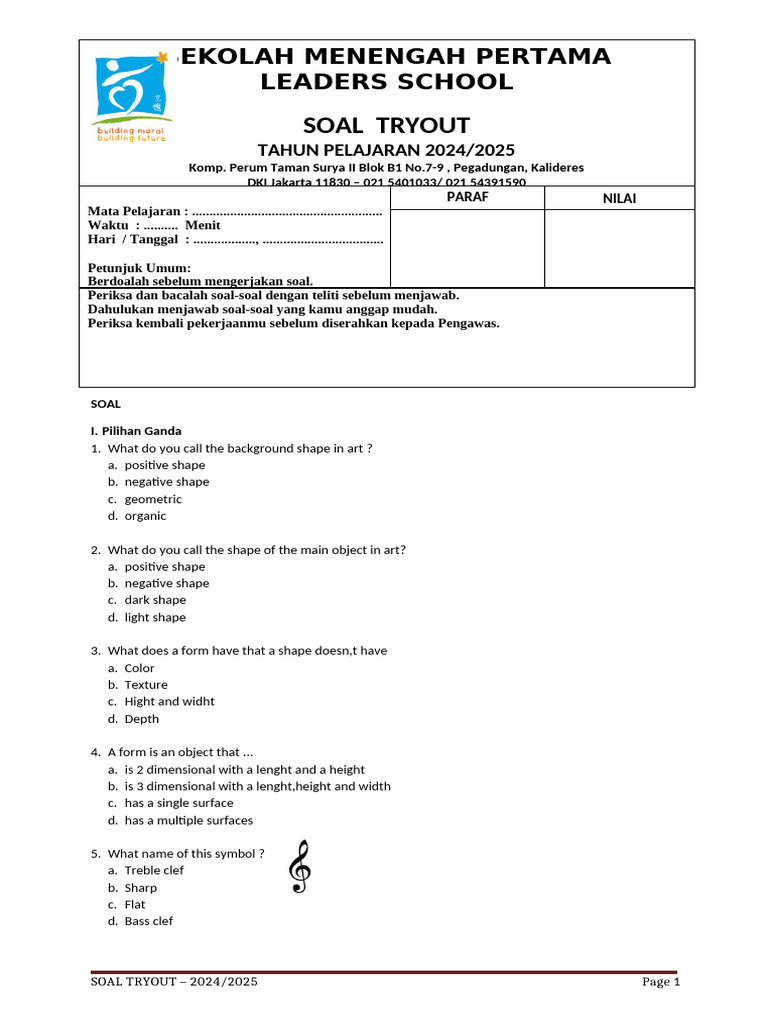 Leaders Kop Soal Tryout Smp 2024 - 2025 (1) | PDF | Tempo | Shape