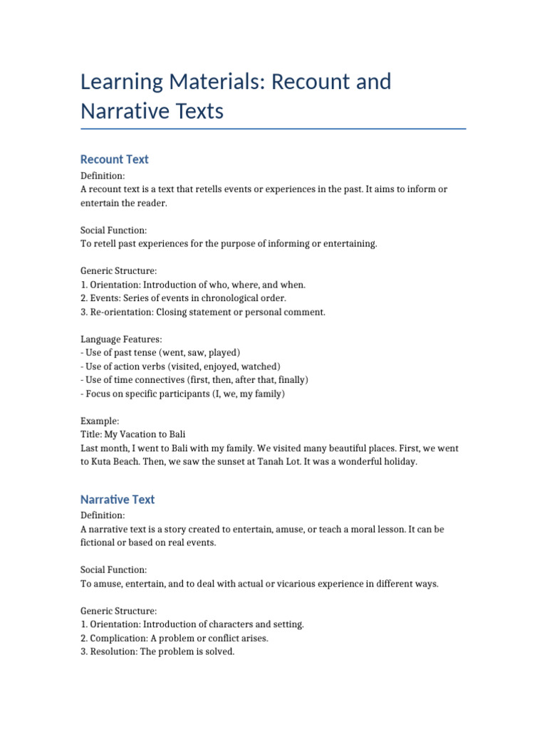 Recount Narrative Materials | PDF