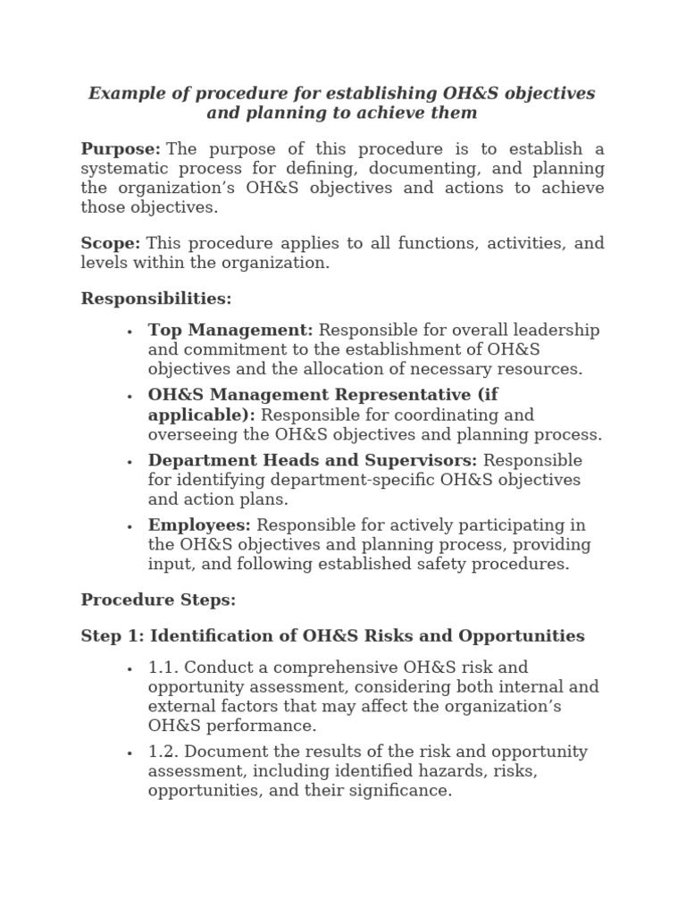 Procedure For Establishing OH&S Objectives and Planning To Achieve Them ...