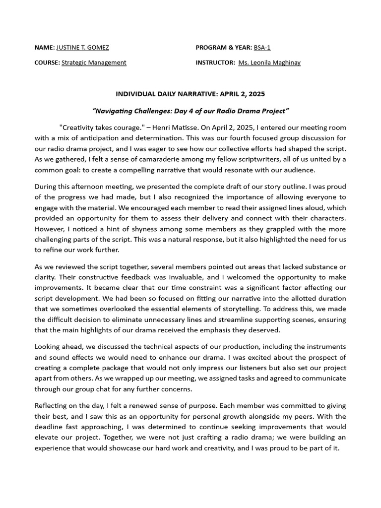 INDIVIDUAL-DAILY-NARRATIVE-April 2, 2025 | PDF | Narrative | Human ...