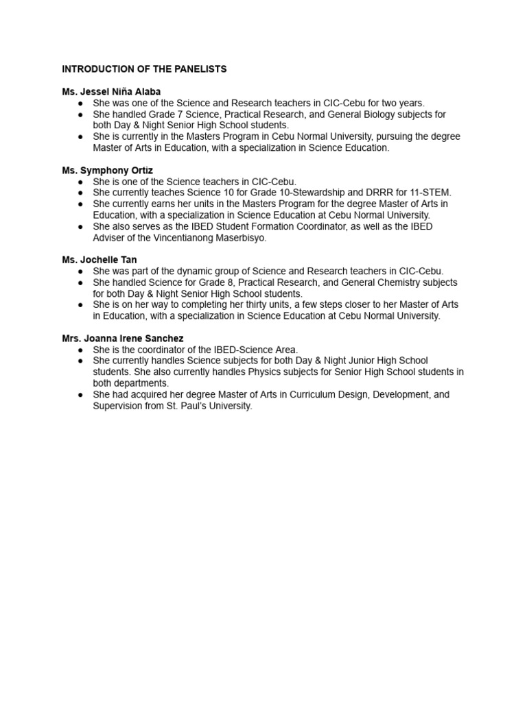 Introduction of The Panelists | PDF