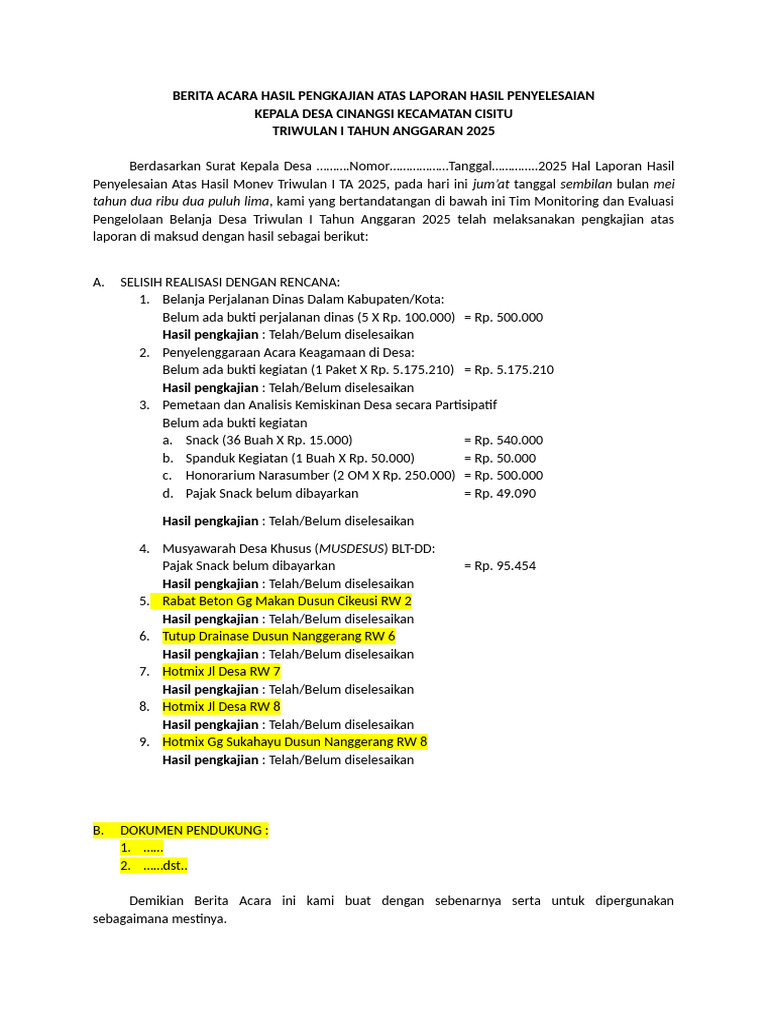 Contoh Bahp Tim Monev Cek Dini | PDF