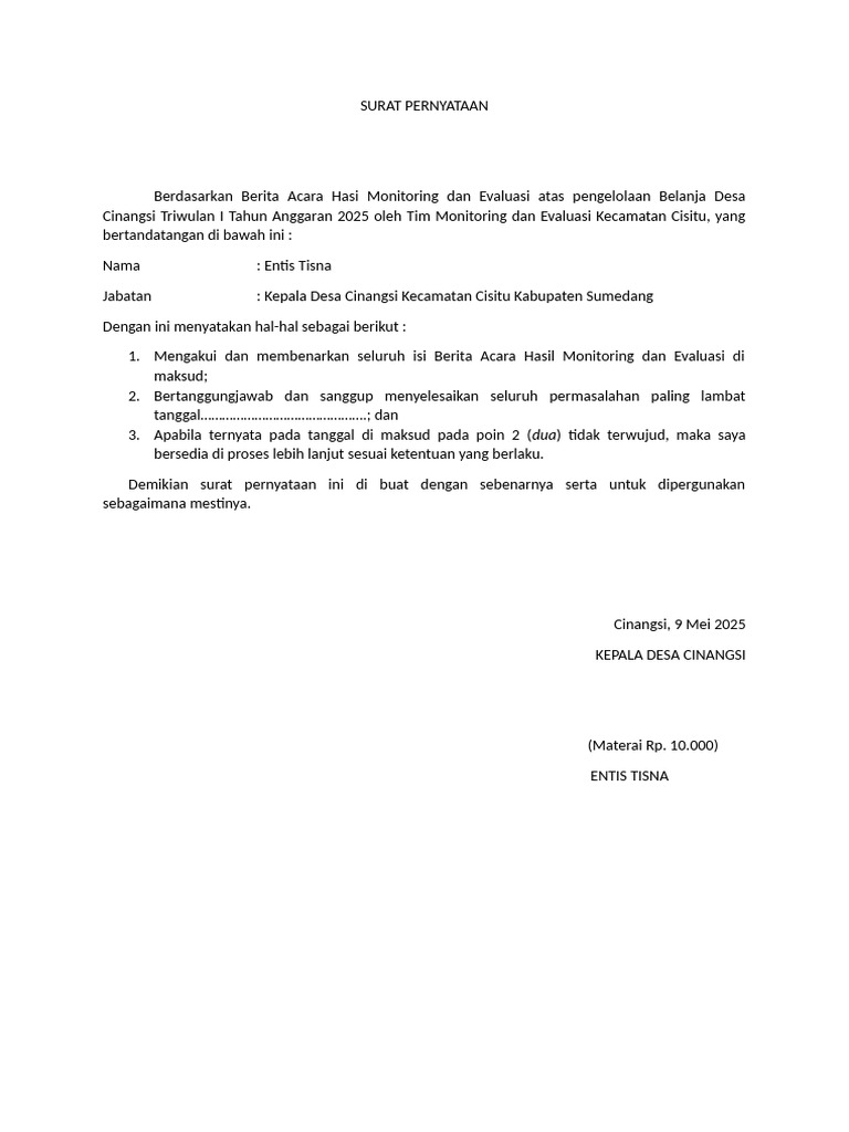 Contoh SPKM Kades Cek Dini | PDF