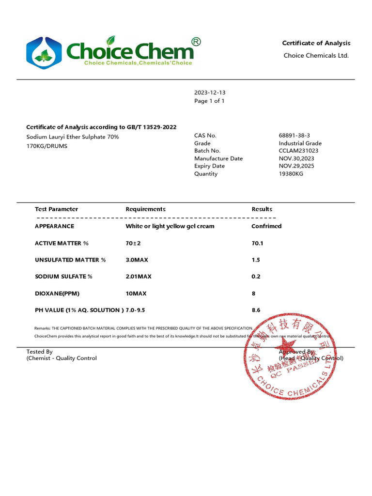 COA SLES 70%(2025-05-07 22_22_35) | PDF | Chemistry | Chemical Compounds