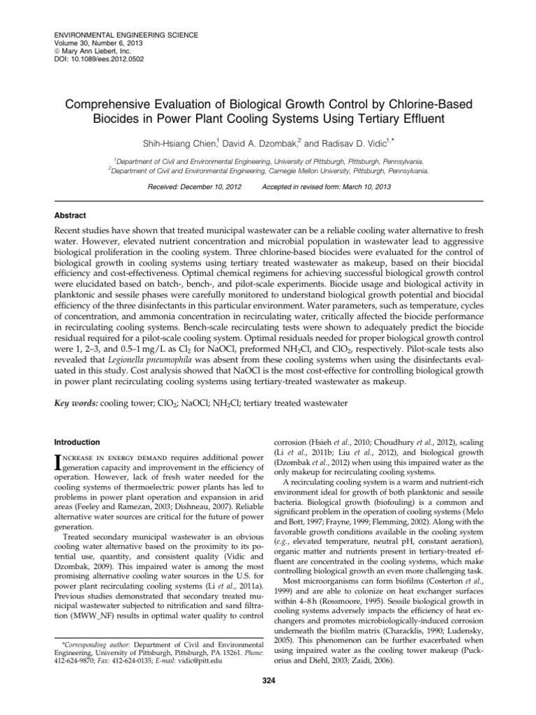Comprehensive Evaluation of Biological Growth Control by Chlorine-Based ...
