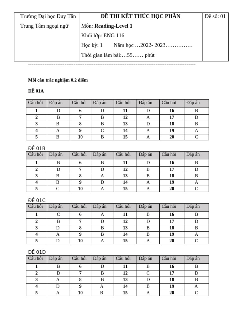 Đáp Án - Final - Exam - Reading Level 1-01 - 2022-2023f.ngân 2 | PDF