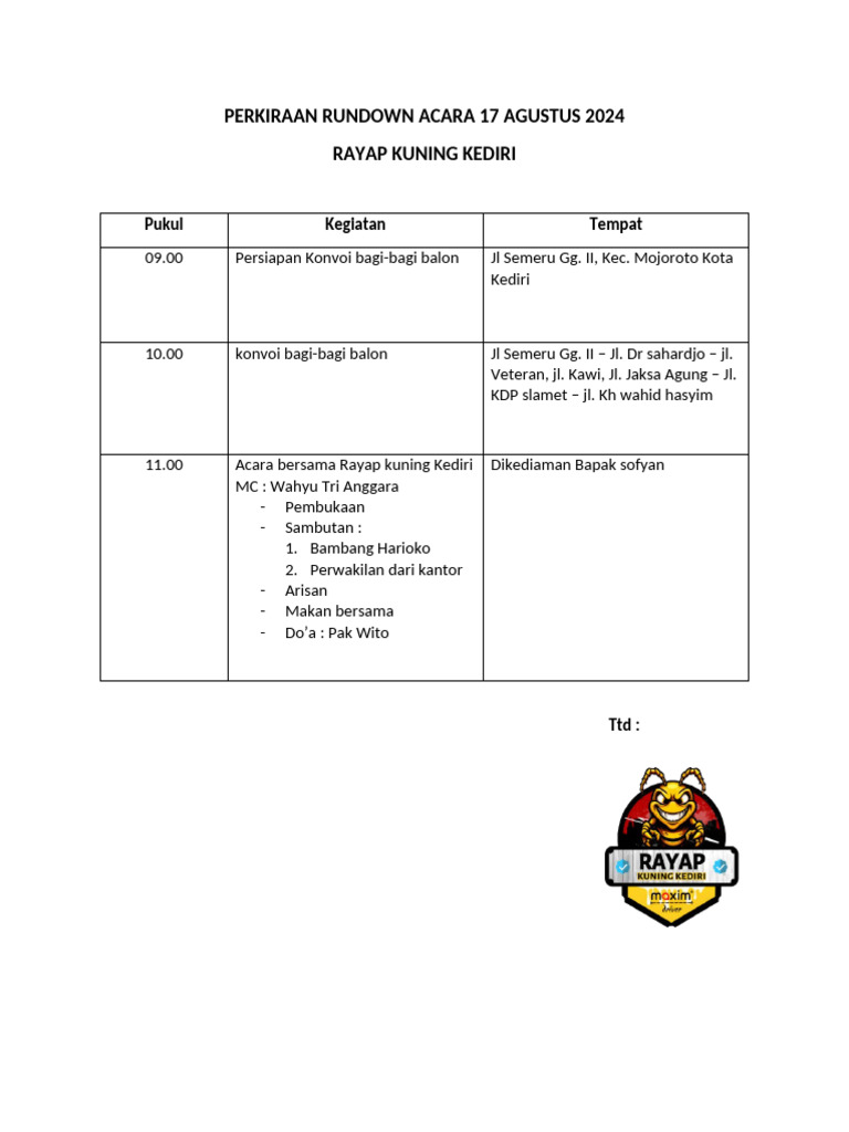PERKIRAAN RUNDOWN ACARA 17 AGUSTUS 2024 | PDF