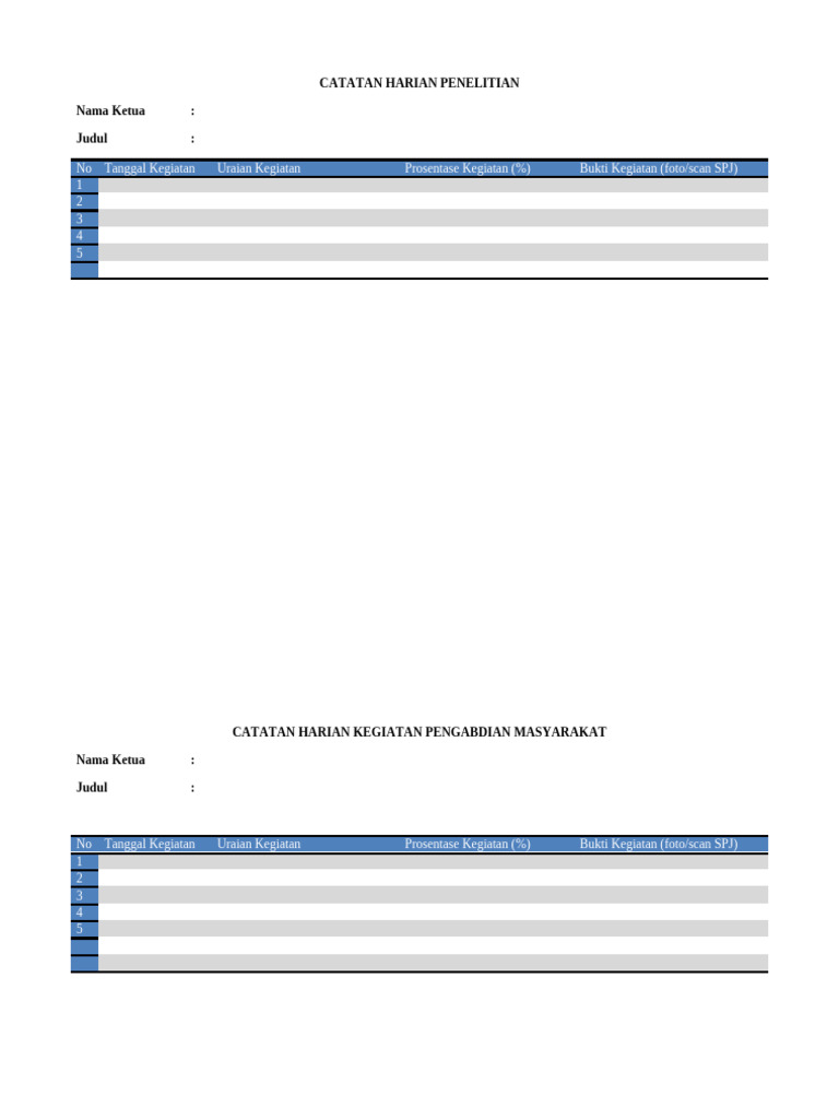 Template Catatan Harian Penelitian Dan Pengmas | PDF