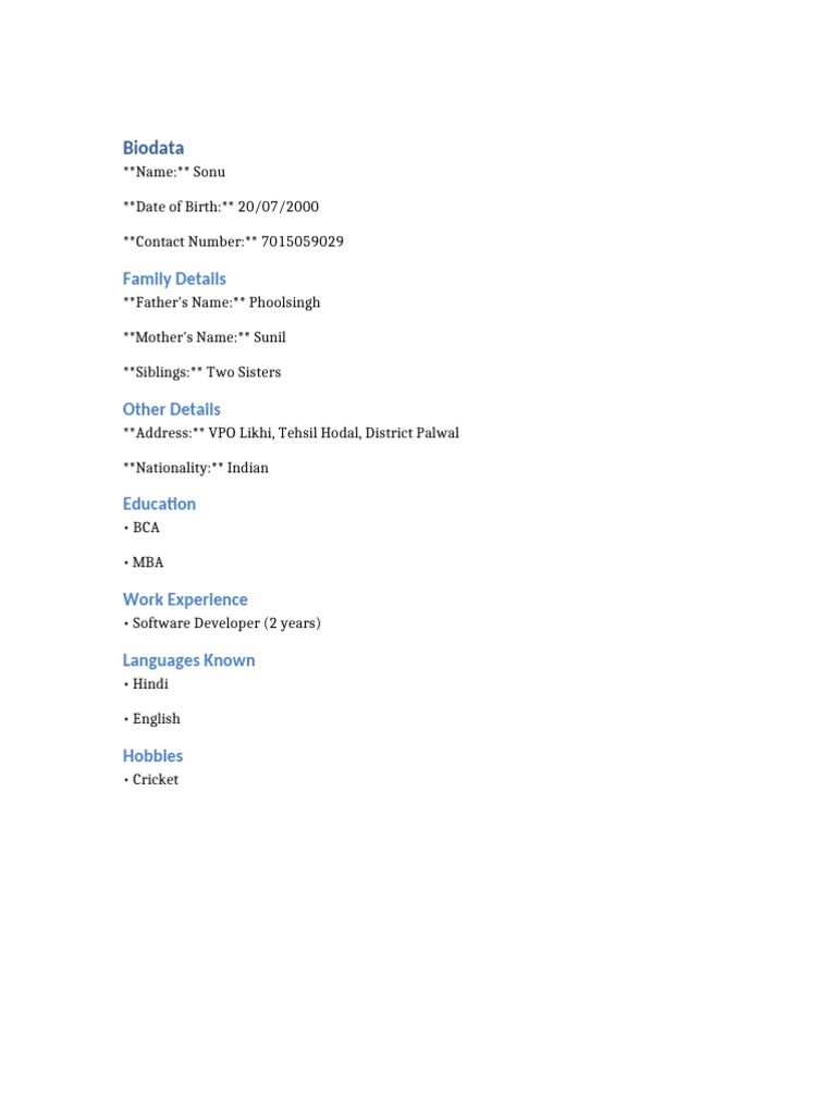 Sonu Biodata | PDF