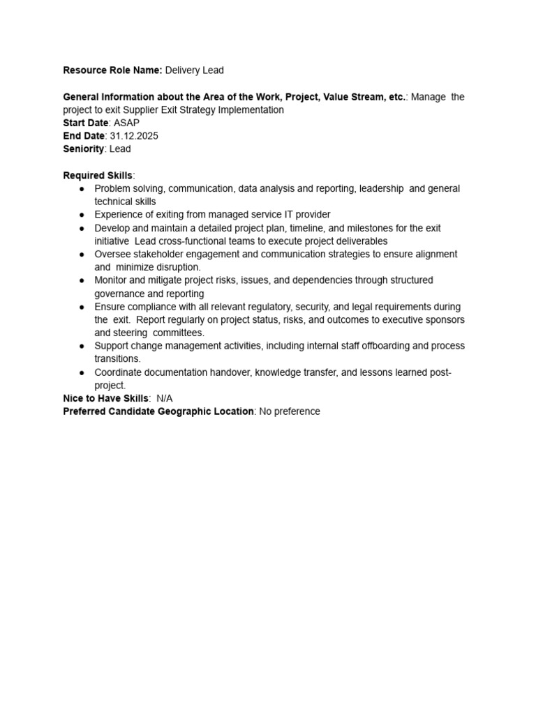 Delivery Lead - Supplier Exit-1 | PDF