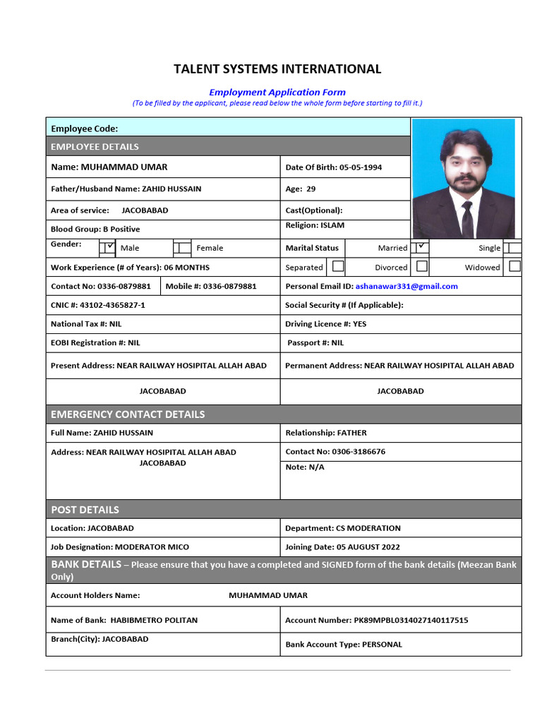 Employment Application Form for Muhammad Umar | PDF