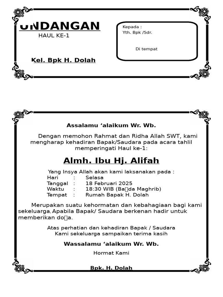 Undangan Haul ke-1 Almh. Ibu Hj. Alifah | PDF