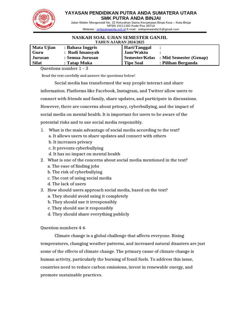 Soal Mid Semester Genap B.inggris Kelas XI (Sir Rudi) | PDF | Climate Change | Nature