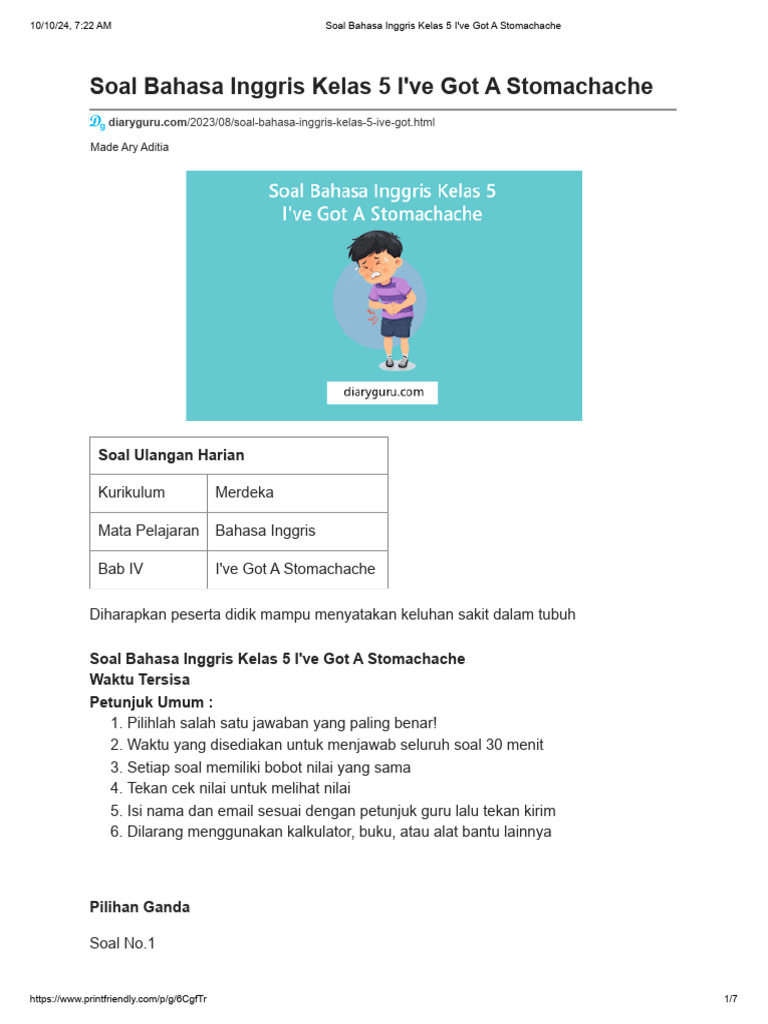 Soal Bahasa Inggris Kelas 5 I've Got A Stomachache | PDF | Pain ...