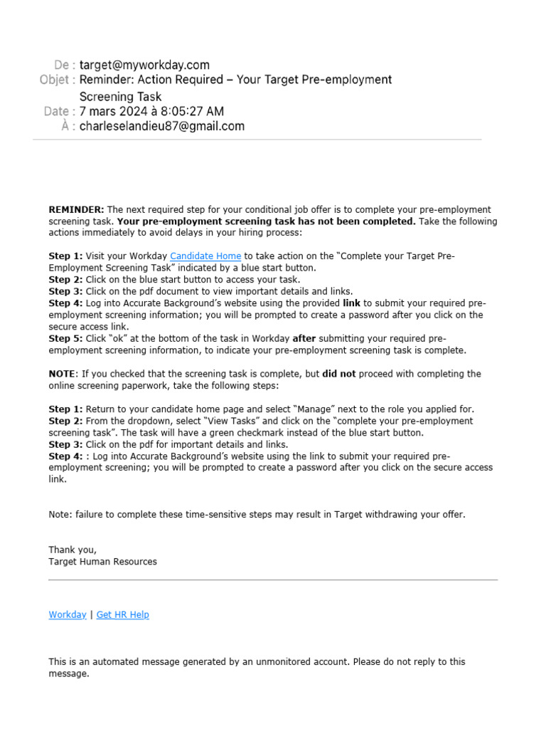 Reminder Action Required - Your Target Pre-Employment Screening Task | PDF