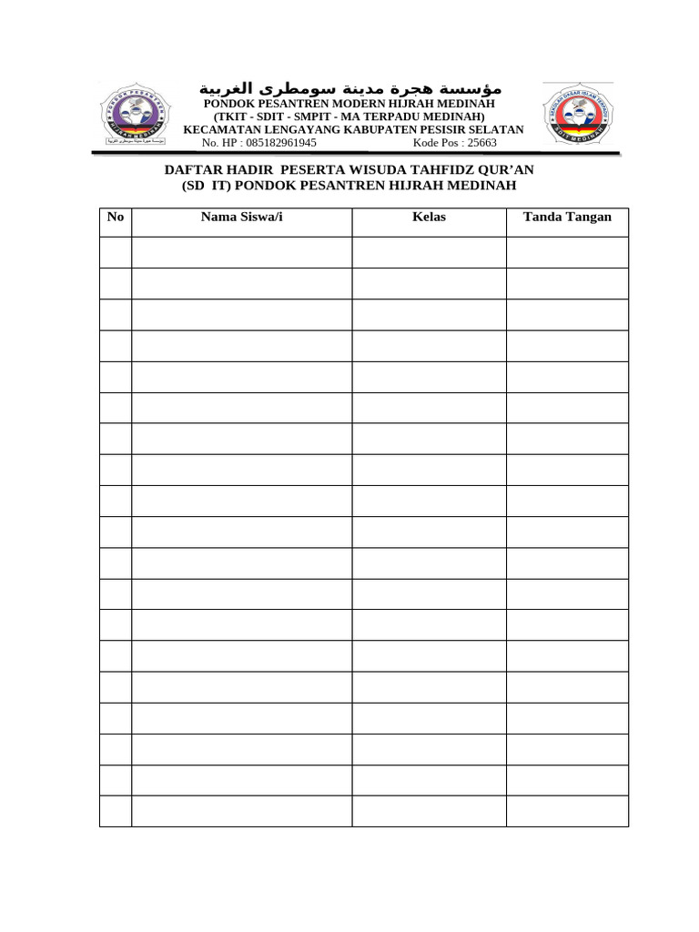 Daftar Hadir Peserta SD Wisuda Tahfiz Docx | PDF