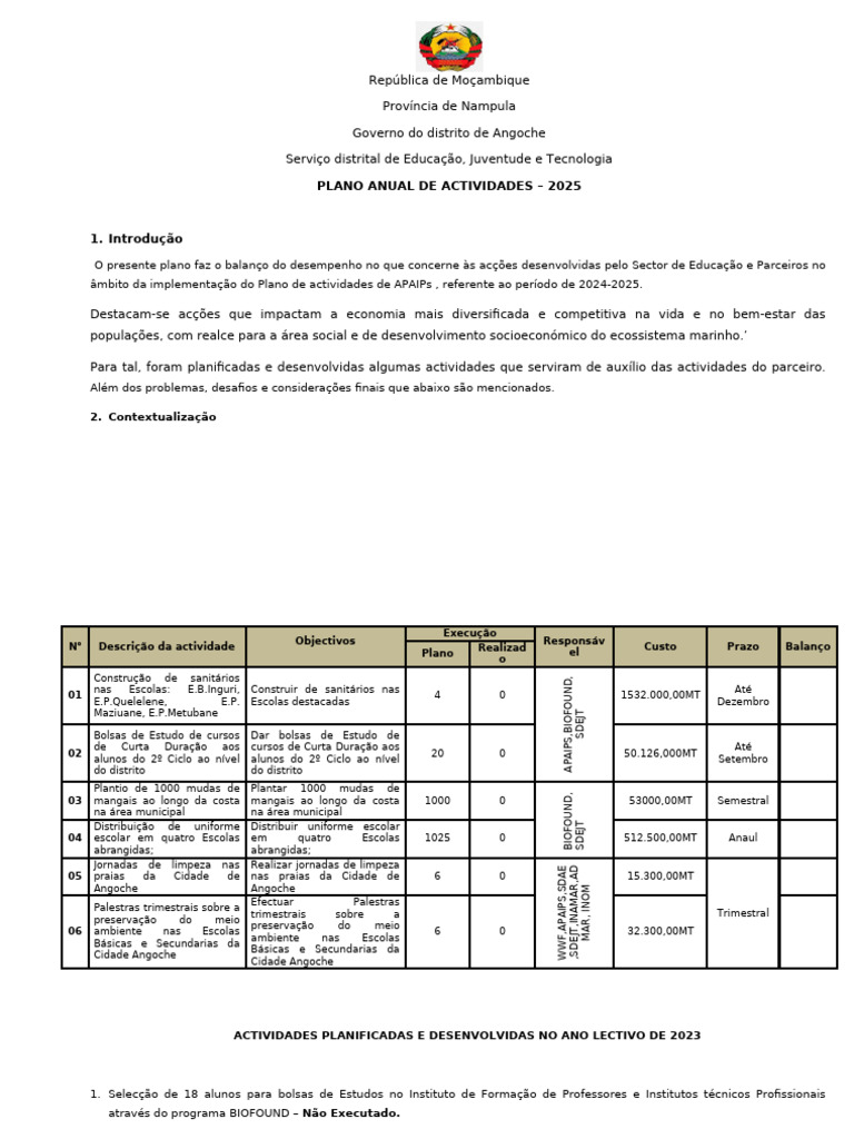 Plano Anual de Atividades 2025 - Angoche | PDF